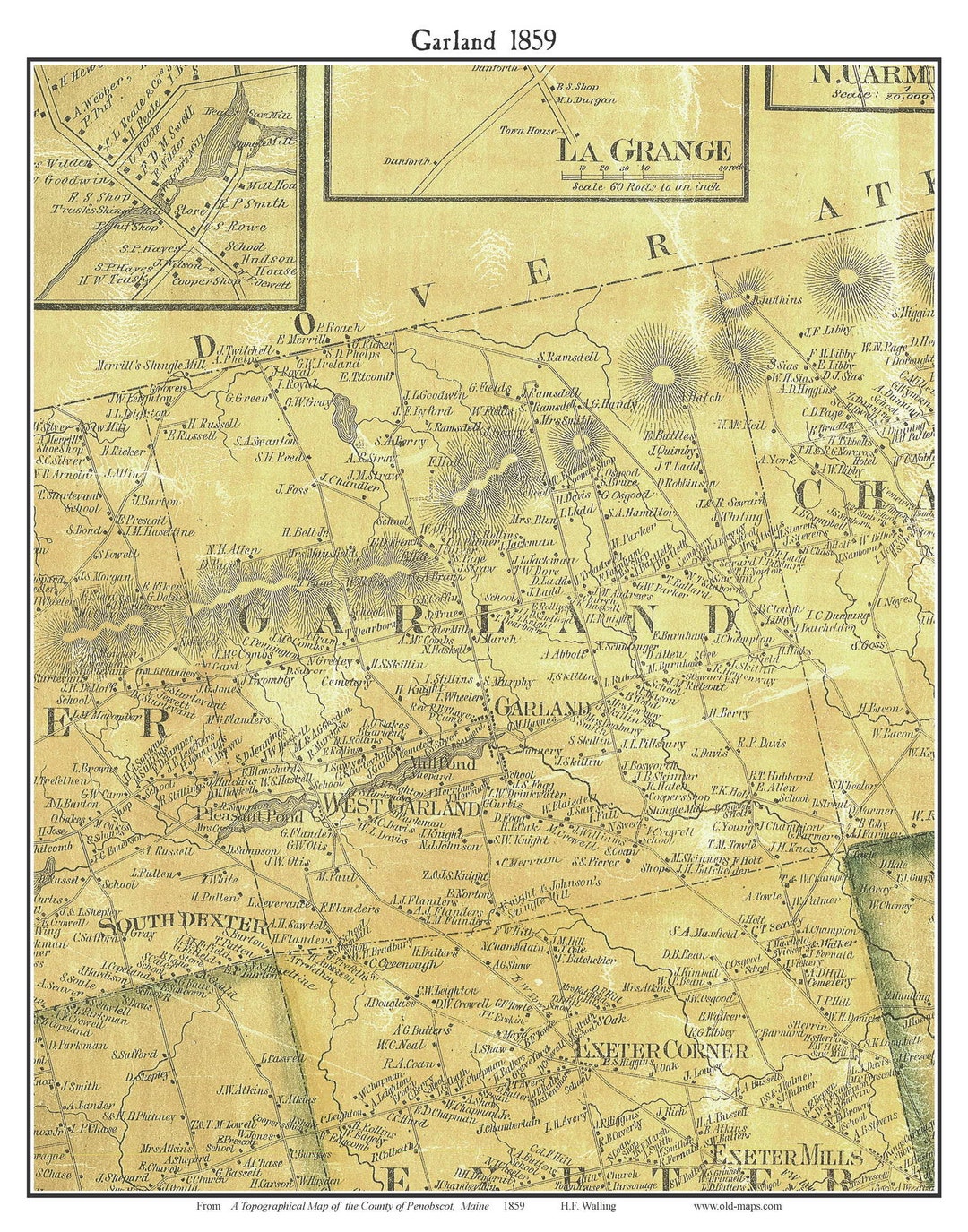 Garland 1859 Old Town Map With Homeowner Names Maine - Reprint ...
