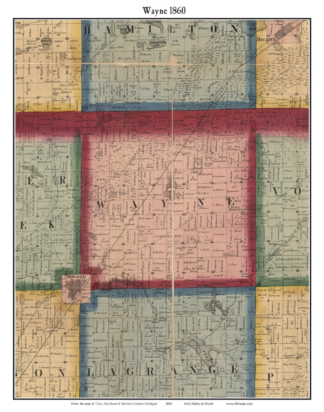 Wayne 1860 Old Town Map With Homeowner Names - Picketts Corners - Twin ...