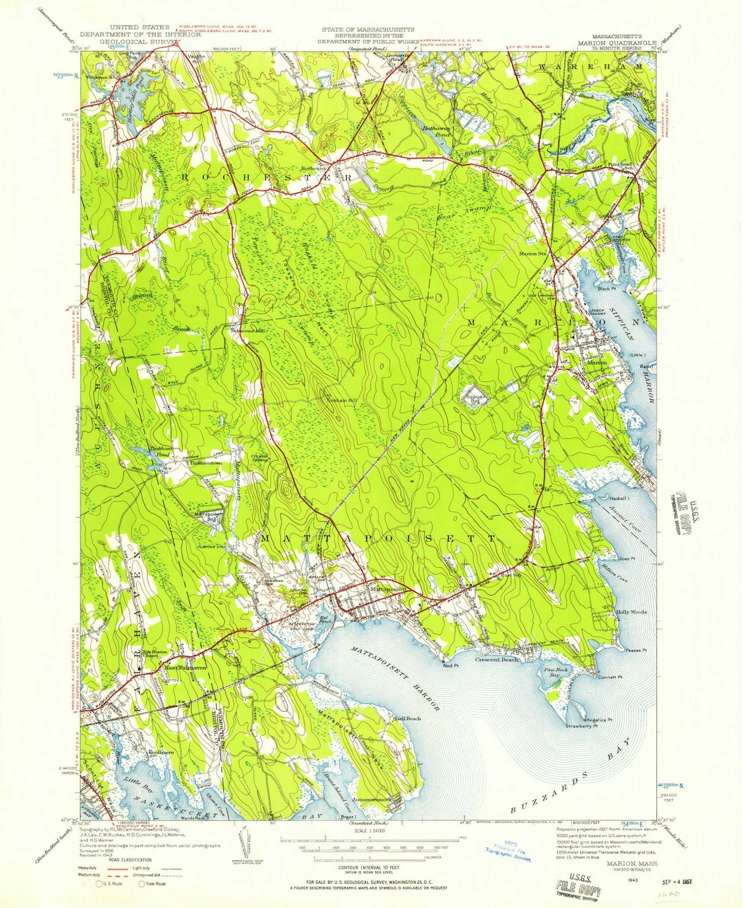 Marion 1943 1957 Old Topo Map Mattapoisett East Fairhaven 7x7 USGS ...