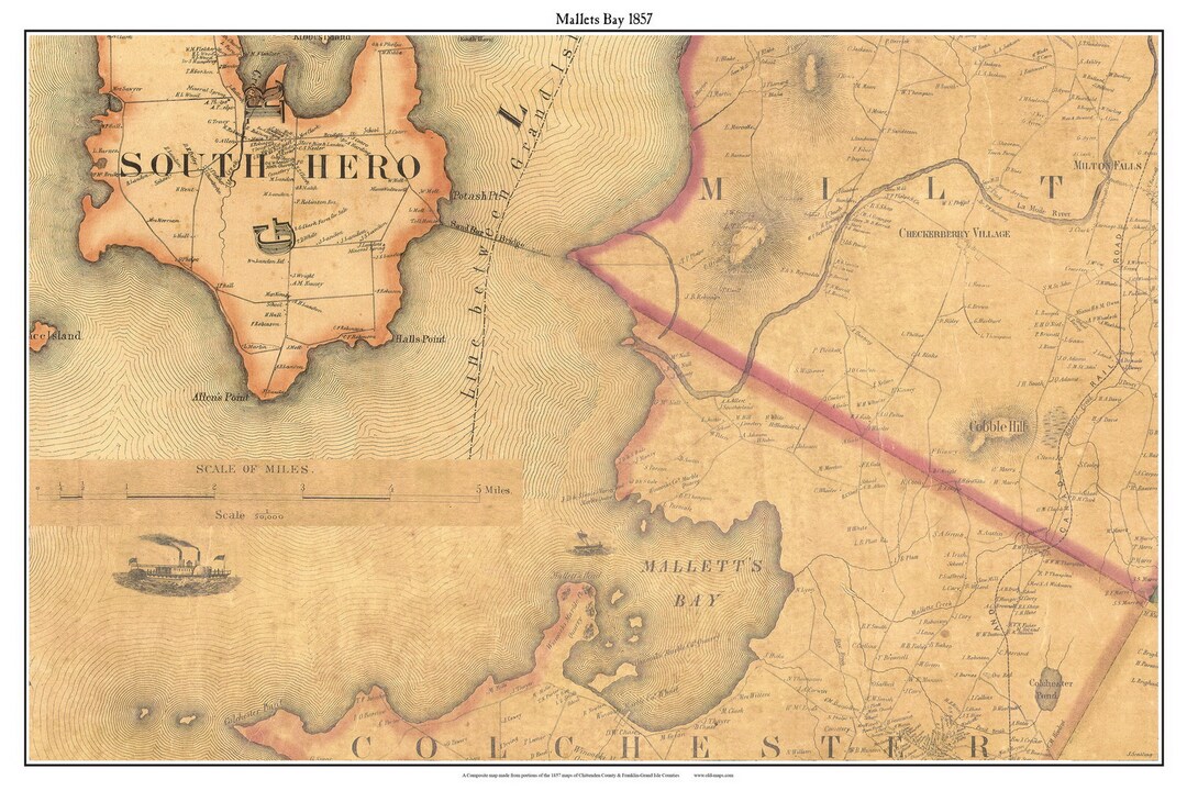 Mallets Bay 1857 Old Town Map With Homeowner Names Vermont - Reprint ...