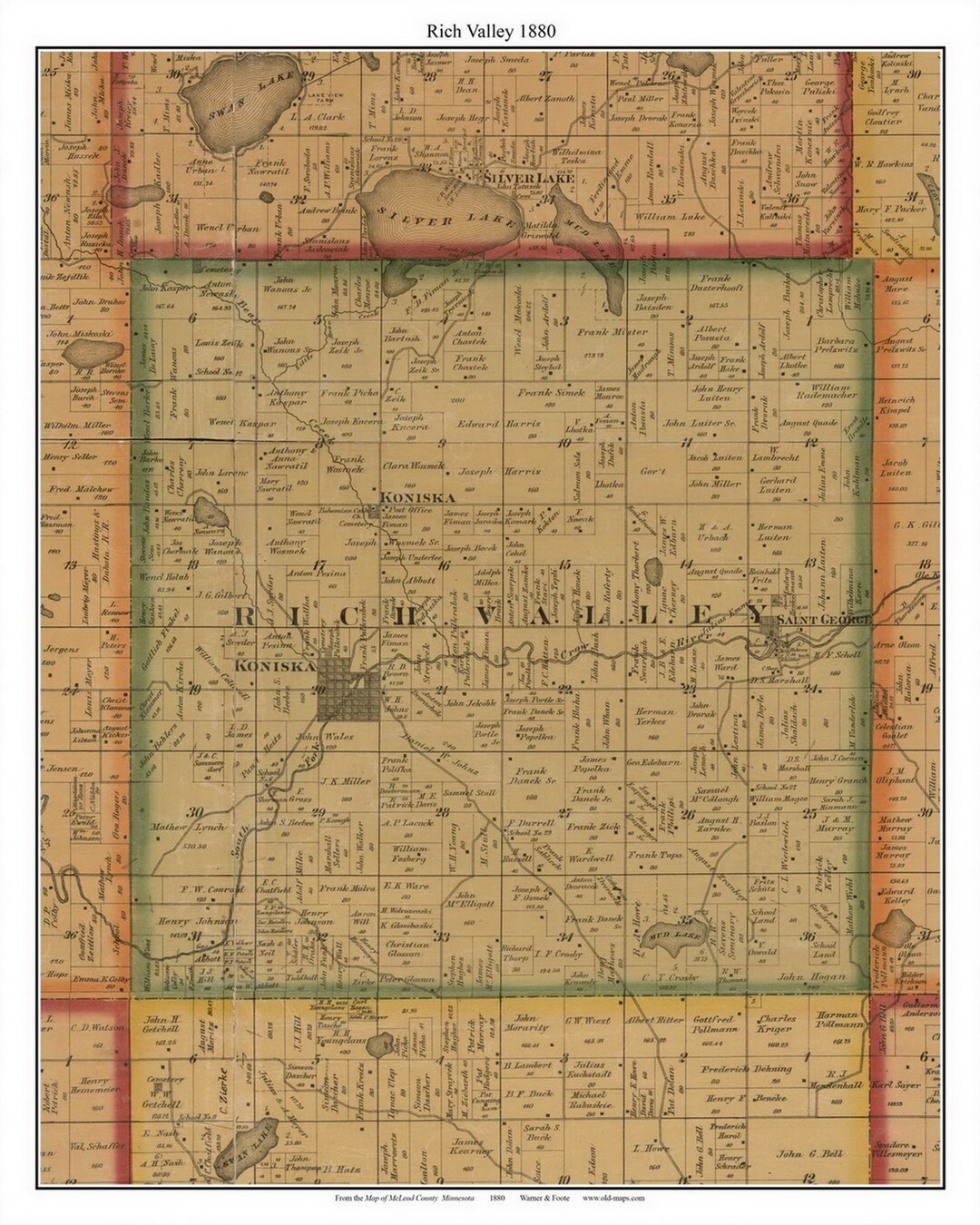 Rich Valley 1880 - Old Town Map With Homeowner Names Minnesota ...