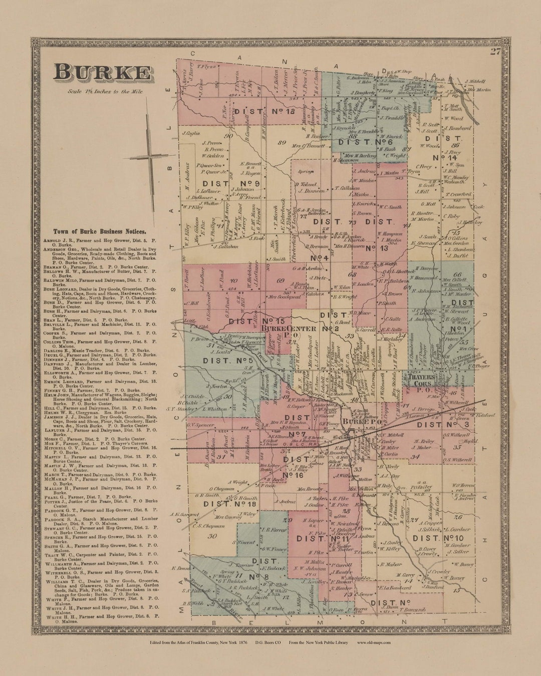 Burke 1876 - Old Town Map Reprint - Franklin County, New York ...