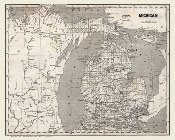 Michigan State Map 1844 Old State Map Reprint | Etsy