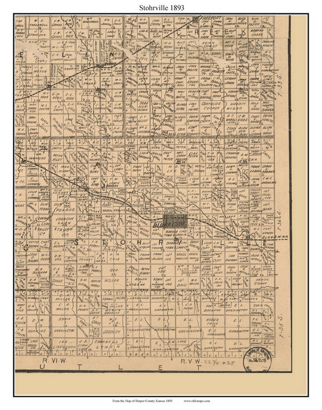 Stohrville 1893 - Old Town Map With Landowner Names Bluff City Kansas ...
