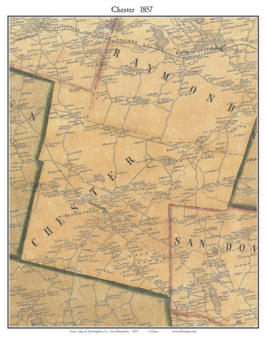 Chester 1857 Old Town Map With Homeowner Names New Hampshire - Reprint ...