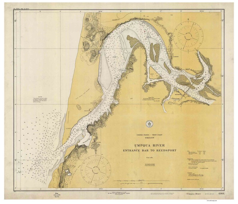 Umpqua River Entrance to Reedsport 1928 Nautical Map, Oregon PC Harbors ...
