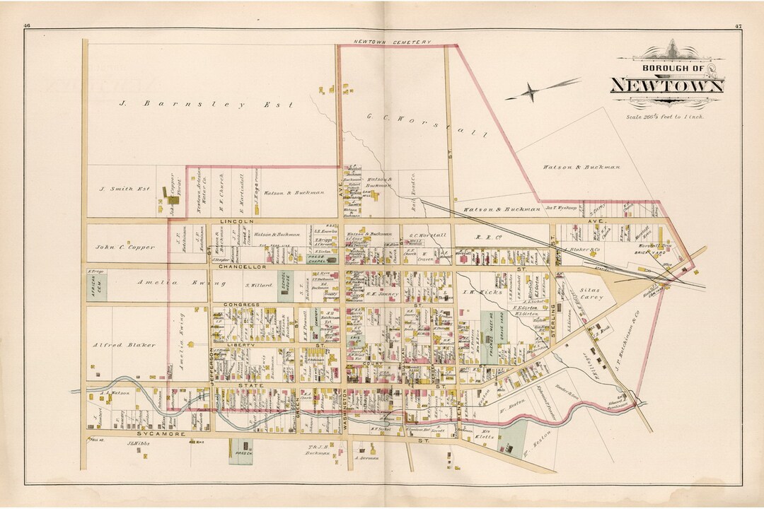 Newtown Borough 1891 Old Town Map With Homeowner Names Pennsylvania ...