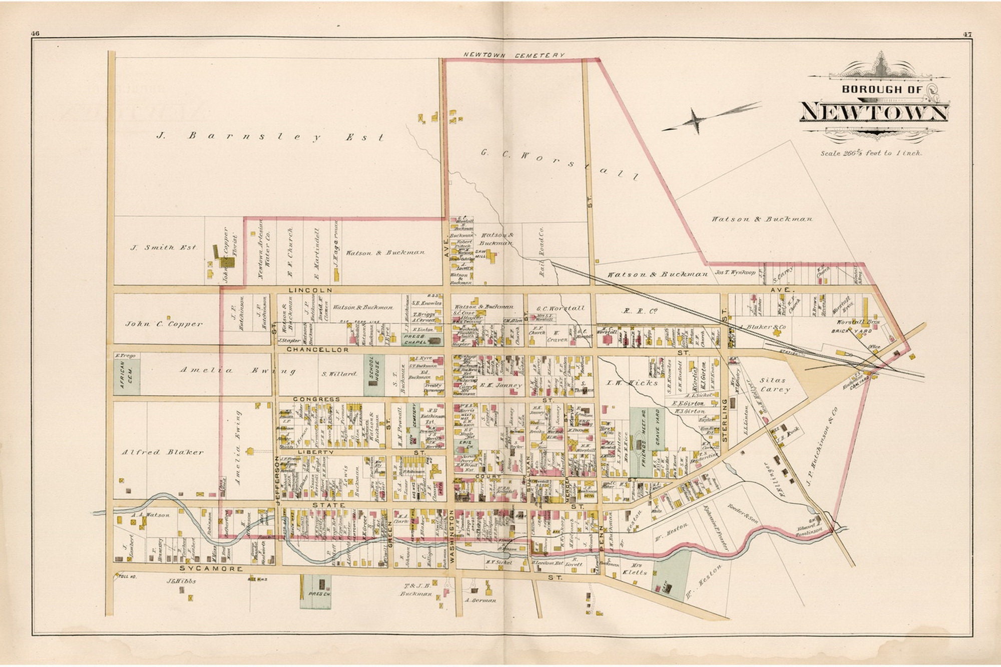 Newtown Borough 1891 Old Town Map With Homeowner Names - Etsy