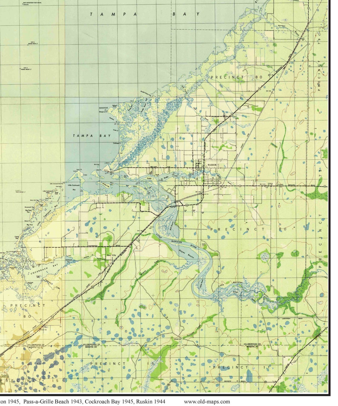 Tampa Bay Florida 1945 Old Topo Map A Composite Made From - Etsy