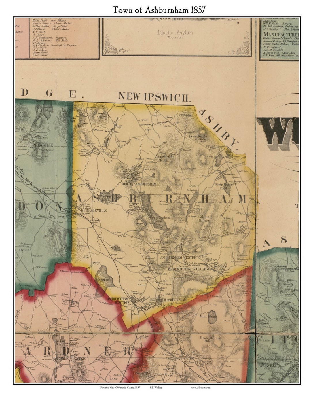 Ashburnham 1857 Old Town Map With Homeowner Names Massachusetts ...