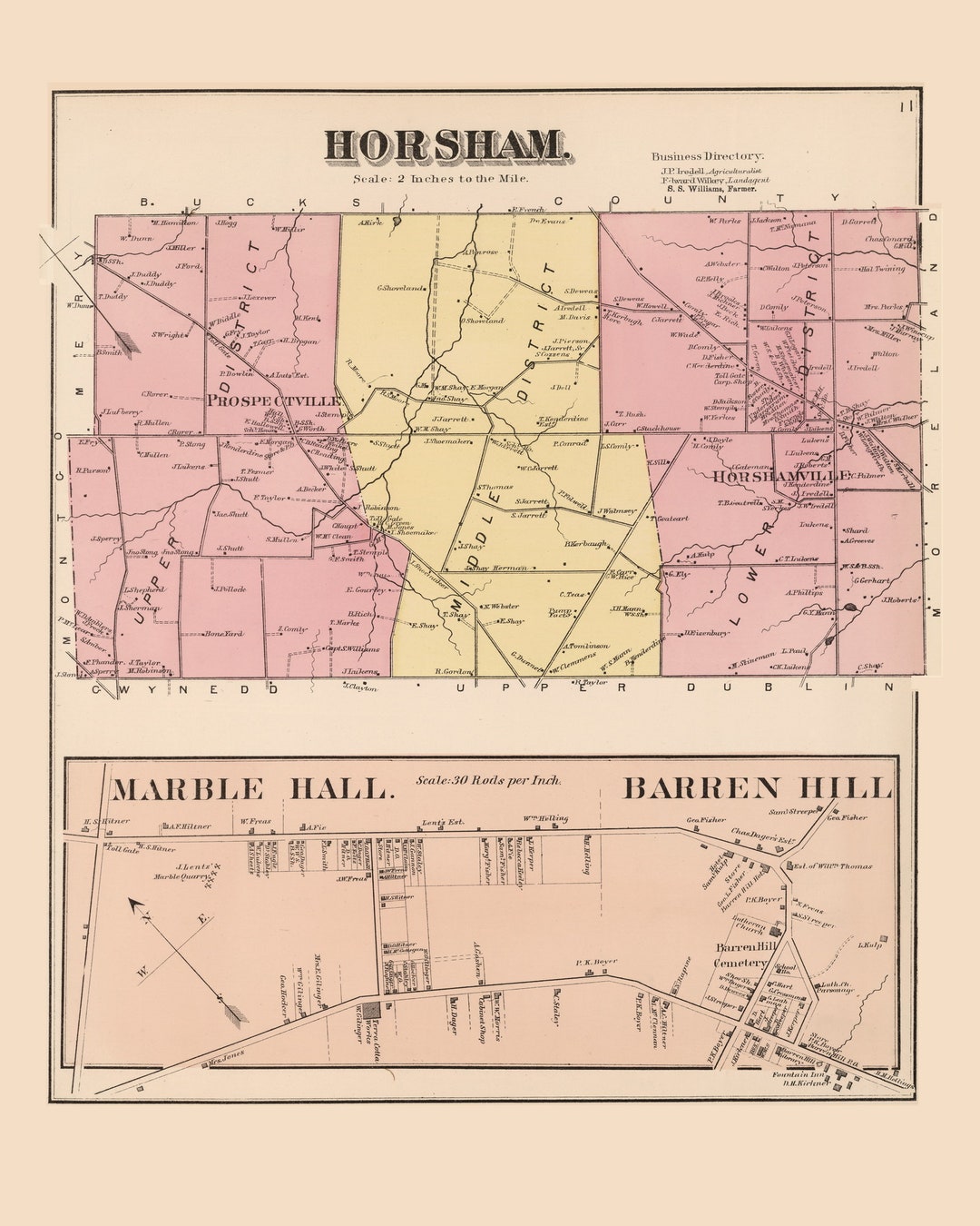 Horsham 1871 Old Town Map Homeowner Names - Marble Hall - Barren Hill ...