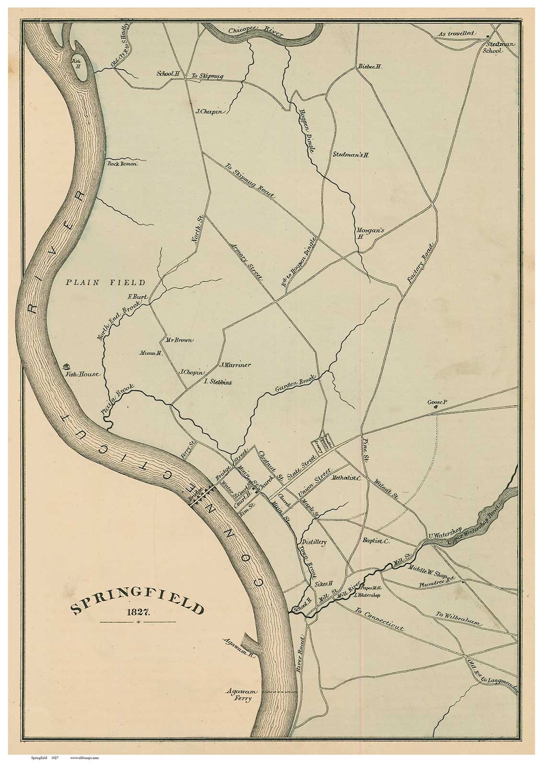 Springfield 1827 - Old Town Map - Homeowner Names Massachusetts ...