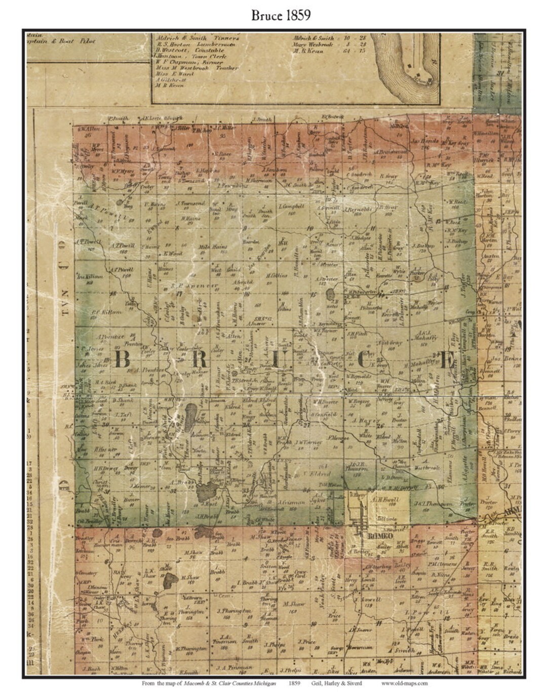 Bruce 1859 Old Town Map With Homeowner Names - Michigan - Reprint ...