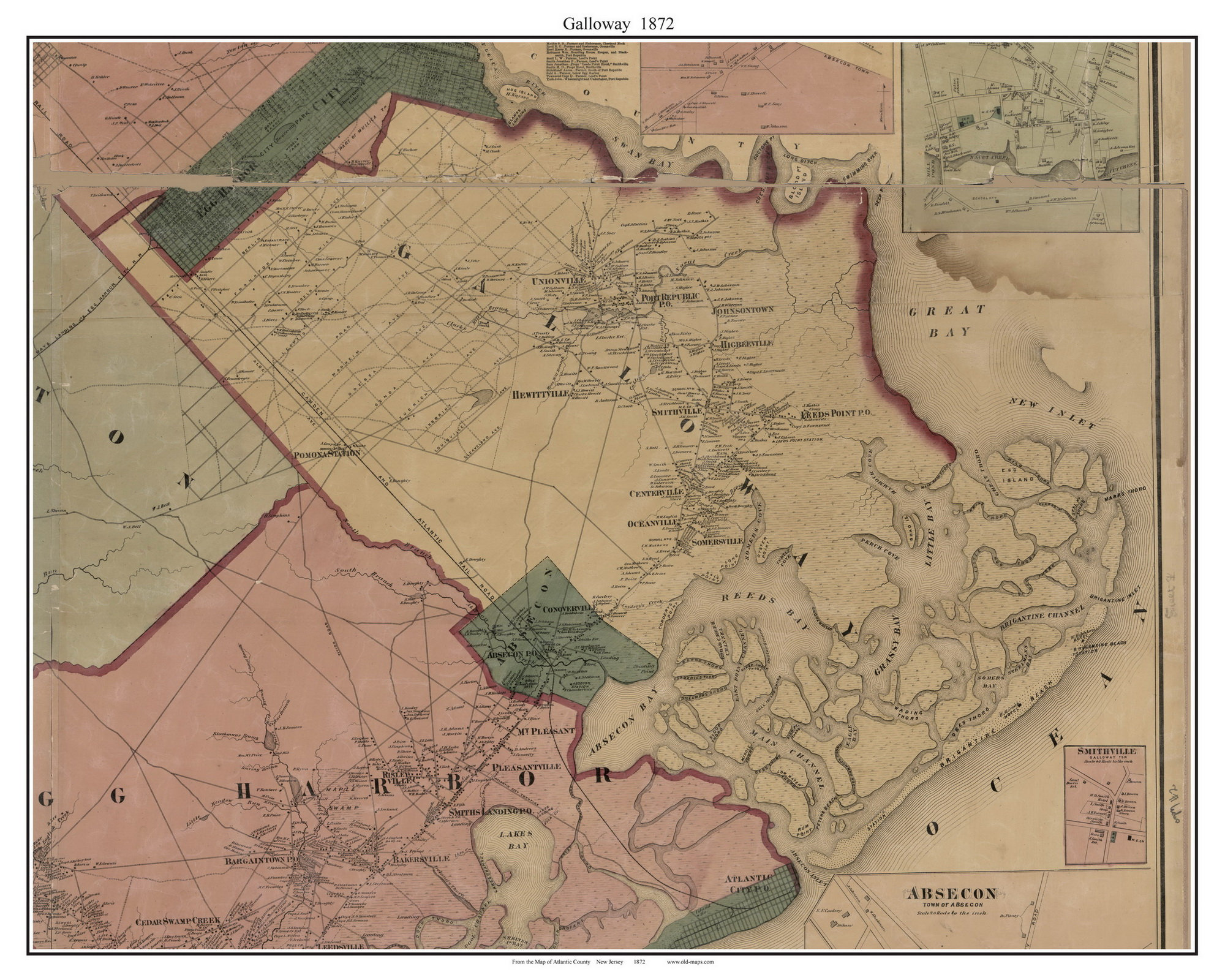 Galloway 1872 Old Town Map With Homeowner Names Leeds Point Unionville ...