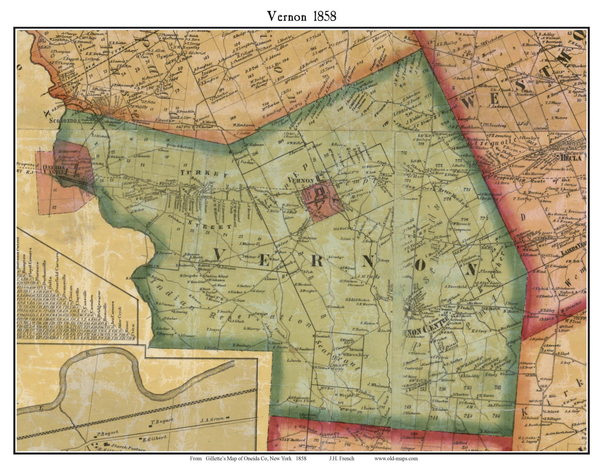 Vernon 1858 Old Town Map - With Homeowner Names New York Reprint ...