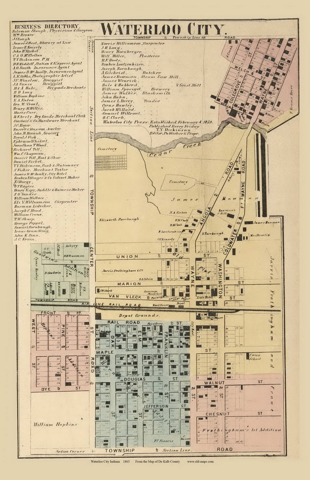 Waterloo City 1863 Old Town Map With Homeowner Names Indiana - Reprint ...