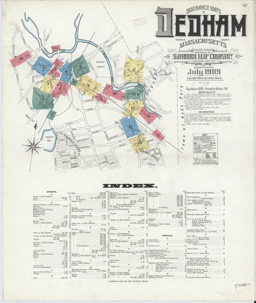 Dedham 1909 Old Map Fire Insurance MA Massachusetts - Reprint - Etsy