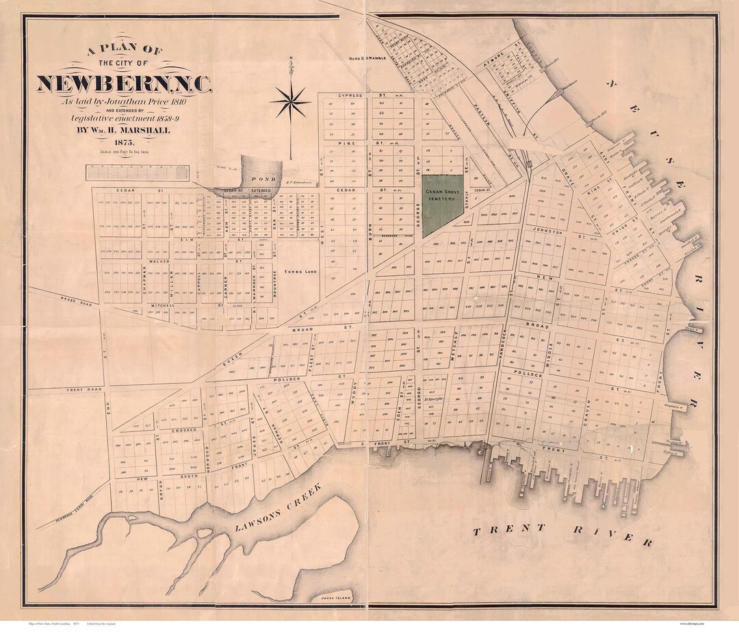 New Bern 1875 North Carolina Old Map Reprint - NC Cities - Etsy