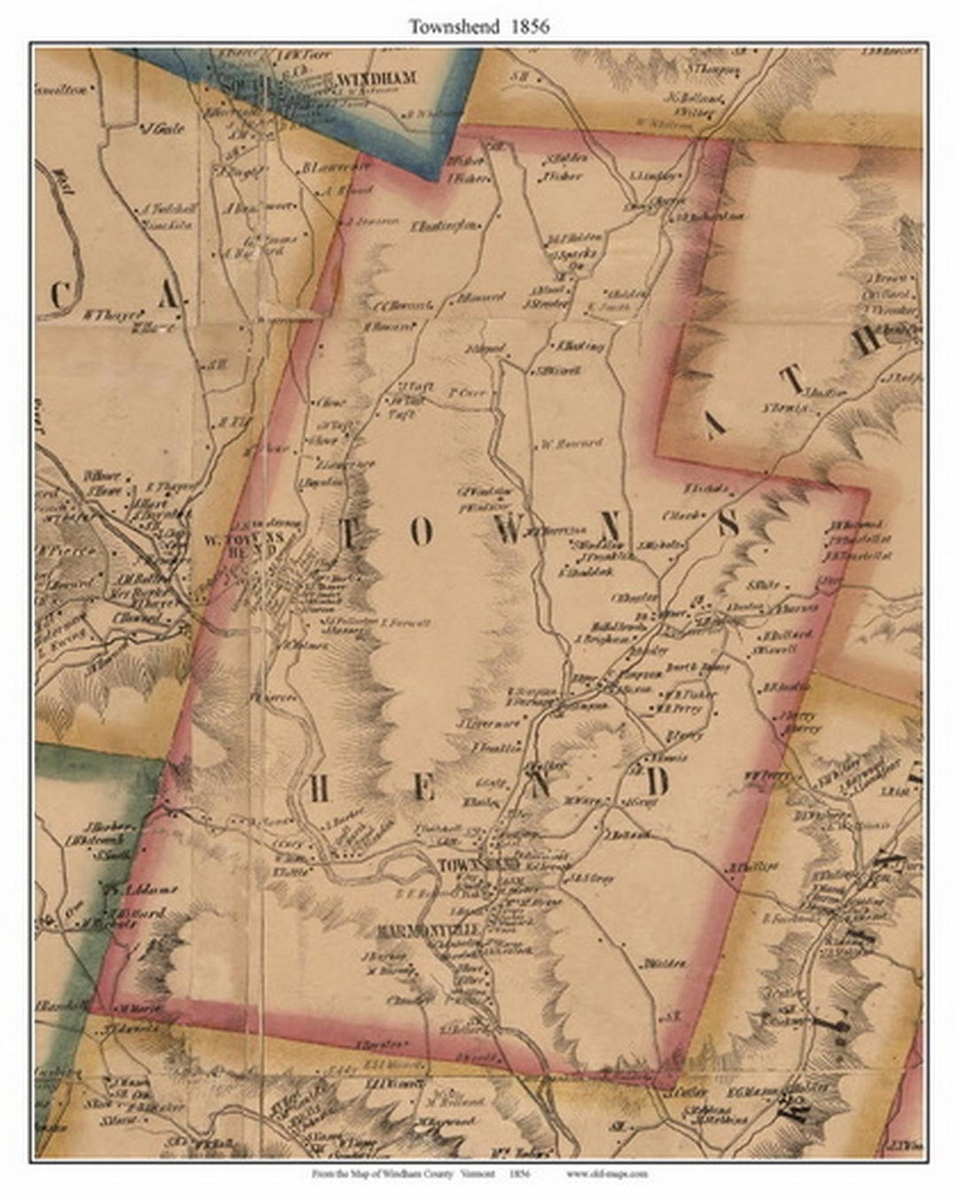Townshend 1856 Old Town Map With Homeowner Names Vermont - Reprint ...