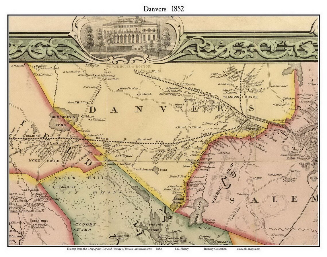 Danvers 1852 Old Town Map With Homeowner Names Massachusetts Reprint ...
