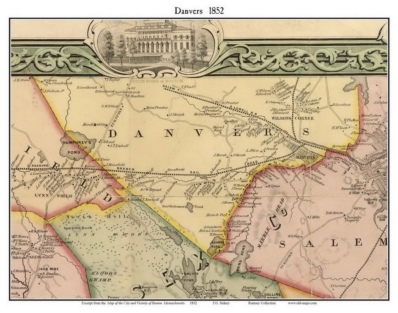 Danvers 1852 Old Town Map With Homeowner Names Massachusetts Reprint ...
