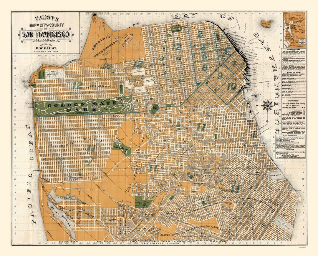 San Francisco 1894 Old Map - Ward Lines - Reprint California Cities - Etsy