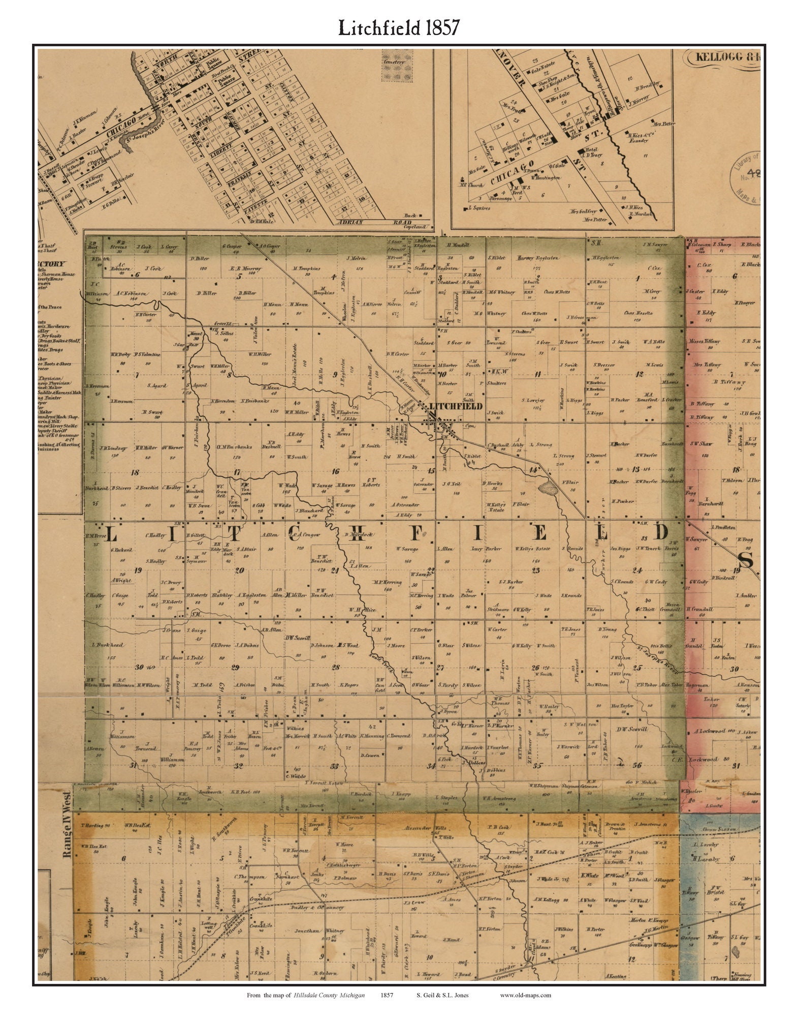 Litchfield 1857 Old Town Map With Homeowner Names Michigan - Etsy