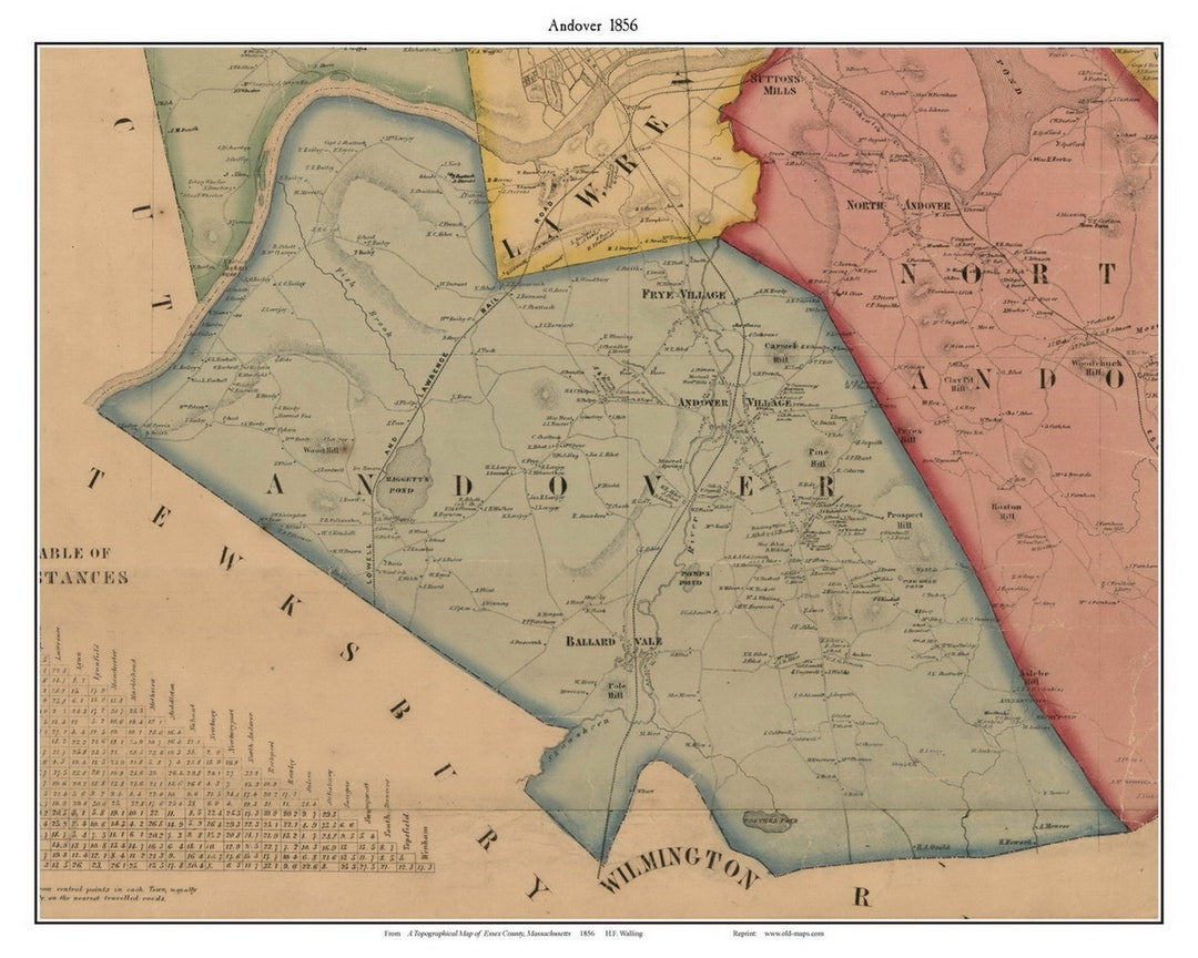 Andover Massachusetts 1856 Old Town Map With Homeowner Names - Reprint ...