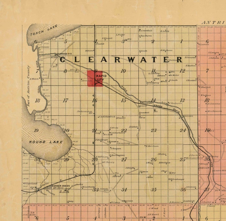 Kalkaska County Michigan 1898 - Wall Map Reprint With Homeowner Names ...