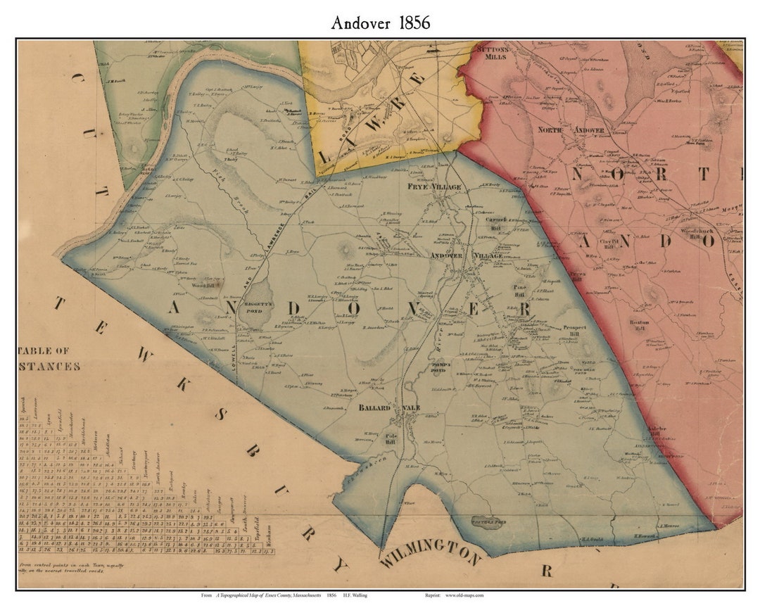 Andover Massachusetts 1856 Old Town Map With Homeowner Names Reprint ...