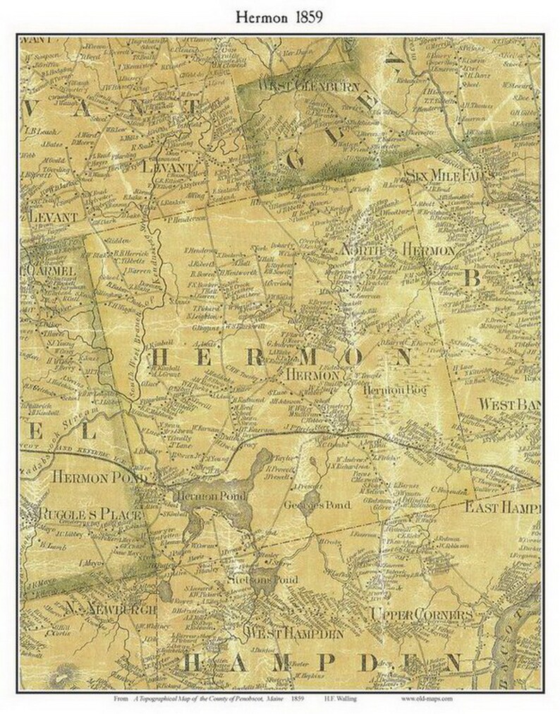 Hermon 1859 Old Town Map With Homeowner Names Maine Hermon - Etsy