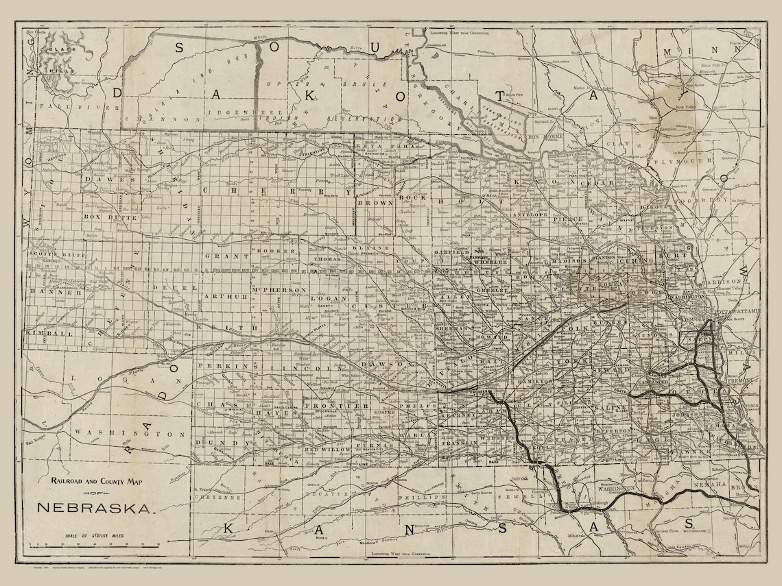 Nebraska State Map 1890 Railroad Pacific - Old State Map Reprint - Etsy