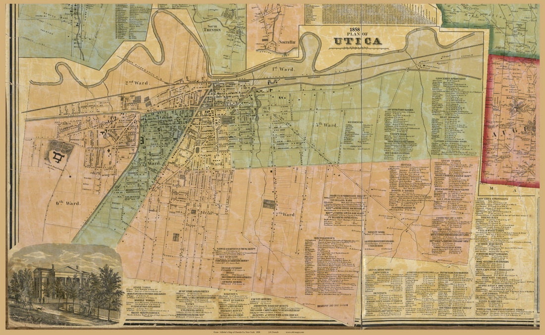 Utica Village 1858 Old Town Map - With Homeowner Names New York Reprint ...