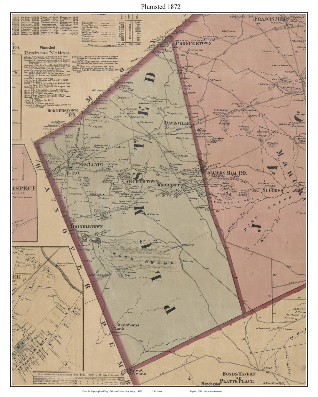 Plumstead 1872 Old Town Map With Homeowner Names - New Jersey - Reprint ...