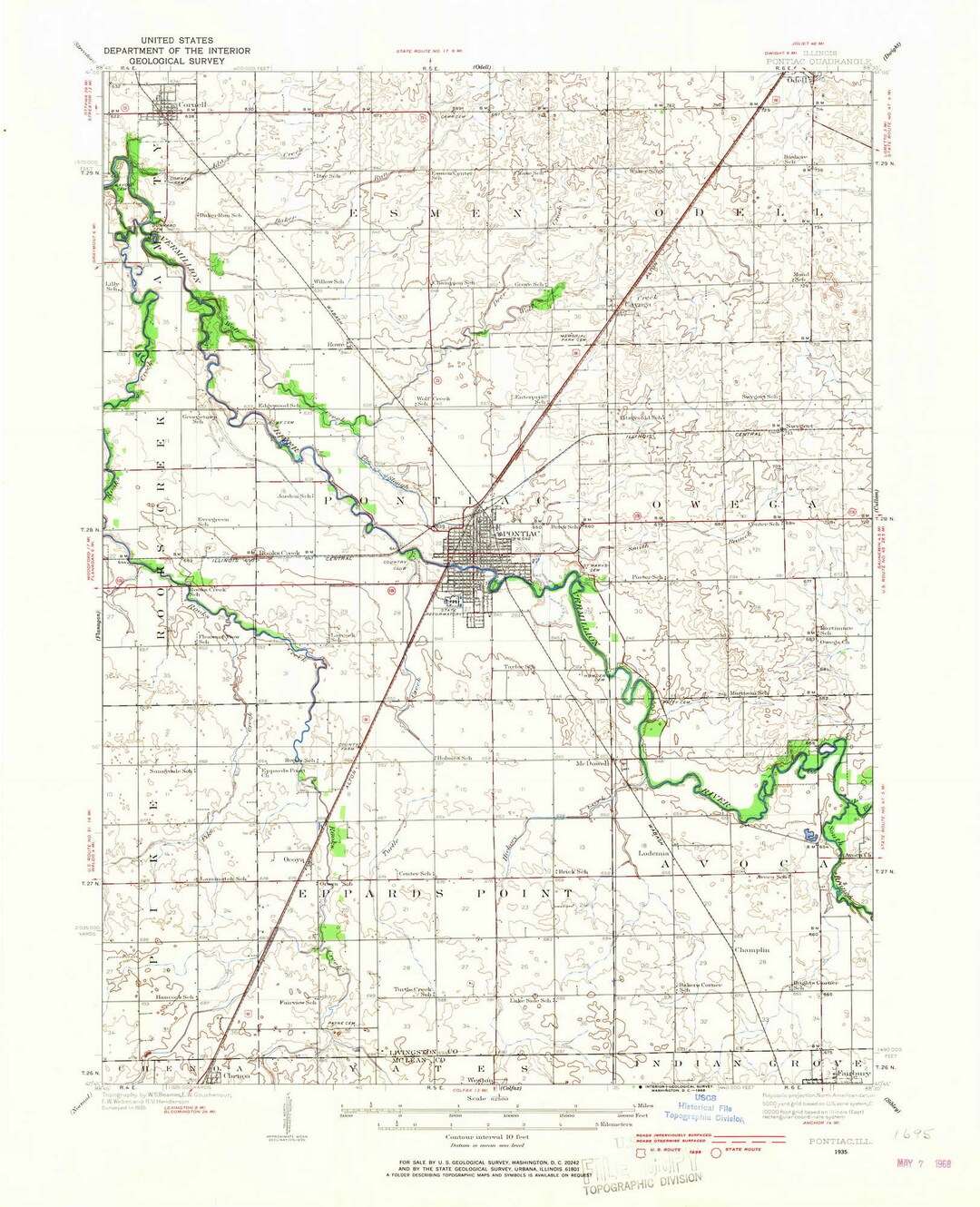 Pontiac 1935 (1968) Old Topo Map - Cornell - Quad Reprint 15x15 - USGS ...