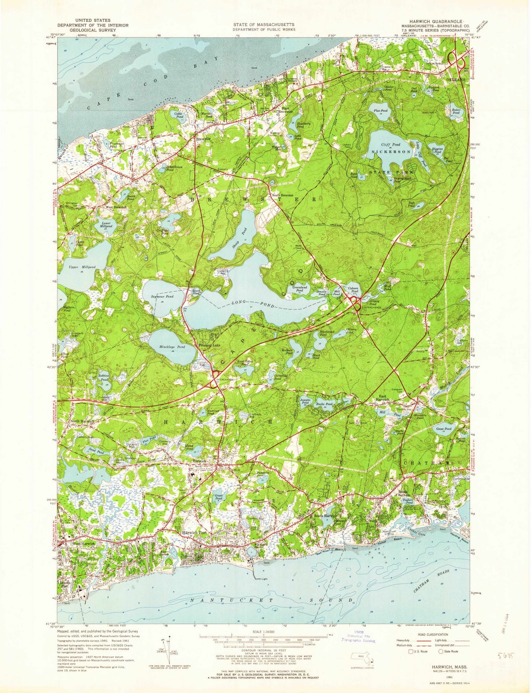 Harwich 1961 Old Topo Map Quad Reprint Brewster Nickerson State Park ...