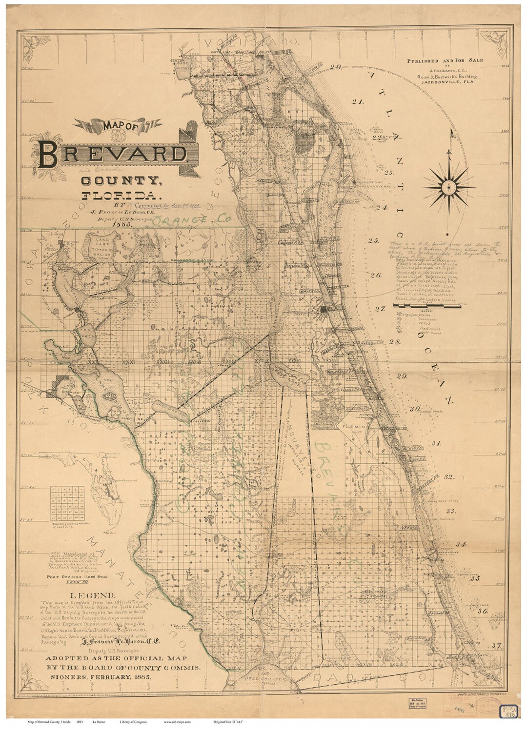 Brevard County Florida 1893 - Old Wall Map Reprint With Homeowner Names ... Brevard County Florida 1893 - Old Wall Map Reprint With Homeowner Names ...