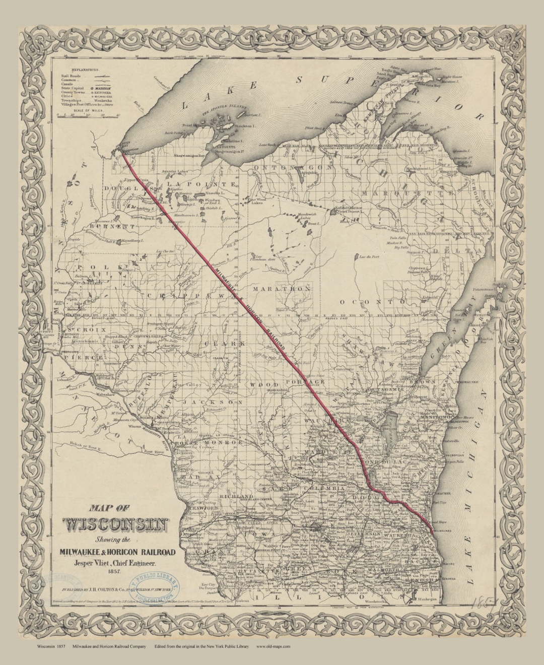 Wisconsin 1857 Milwaukee & Horicon Railroad - State Map - Old Map ...
