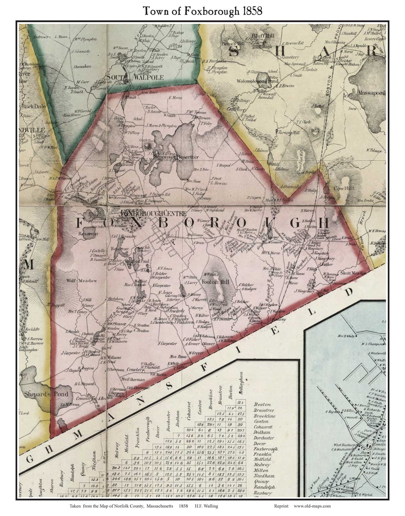 Foxborough, Massachusetts 1858 Old Town Map With Homeowner Names ...