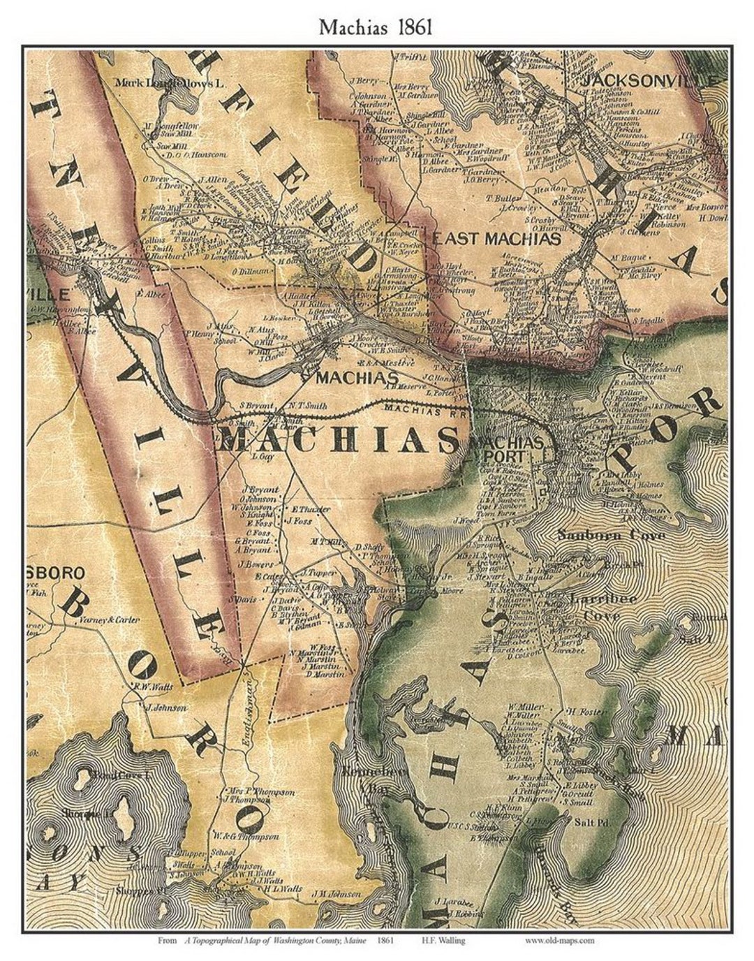 Machais 1861 Old Town Map With Homeowner Names Maine Reprint - Etsy