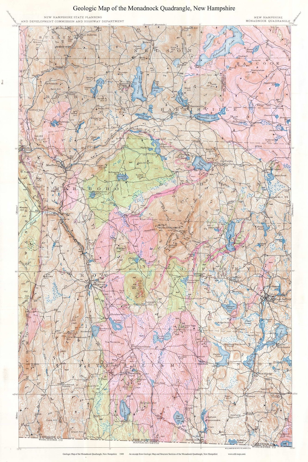 Mt. Monadnock Geologic Map 1949 Old Map Reprint - Map Only - New ...