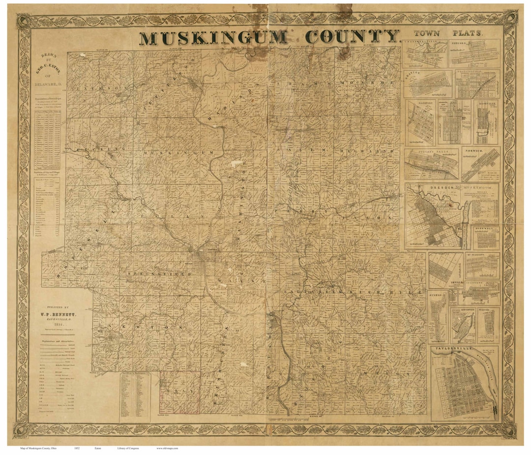 Muskingum County Ohio 1852 - Old Wall Map Reprint With Homeowner Names ...
