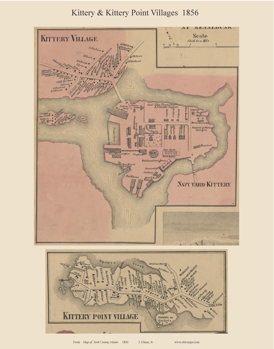 Kittery Point Villages 1856 Old Town Map With Homeowner Names Maine ...