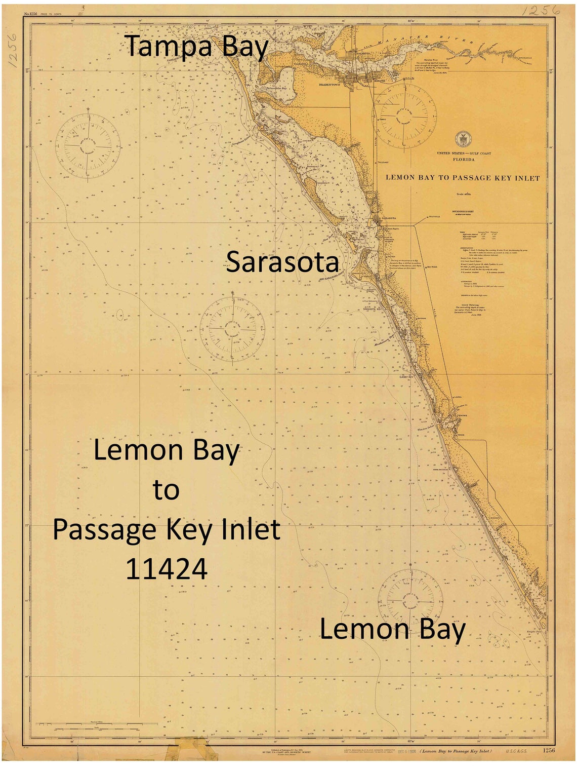 Lemon Bay to Passage Key Inlet 1930 Nautical Map Sarasota | Etsy