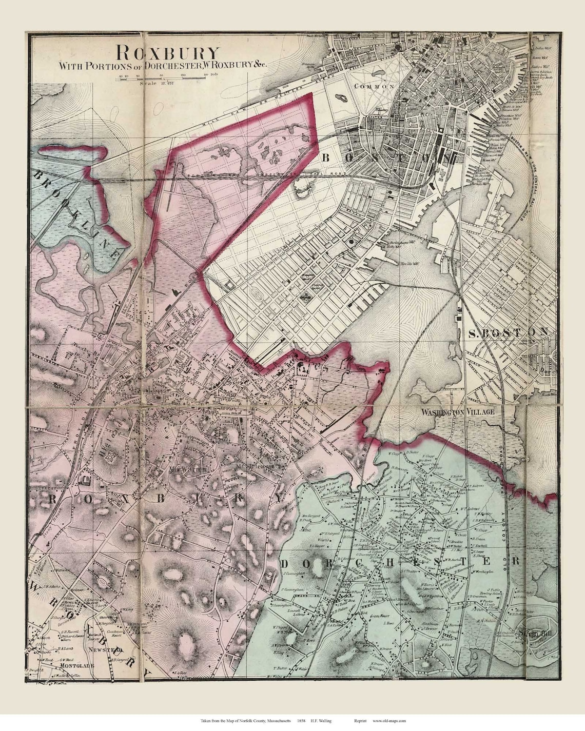 Roxbury, Massachusetts 1858 Old Town Map With Homeowner Names Reprint ...