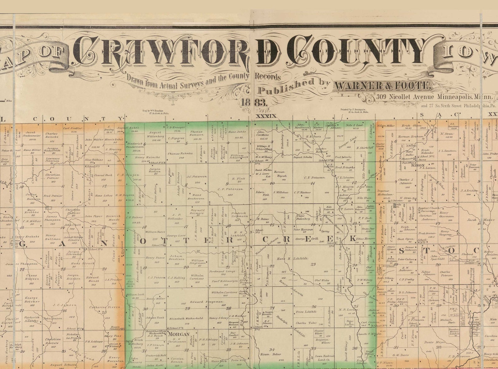 Crawford County Iowa 1883 Old Wall Map With Landowner Names Farm Lines ...