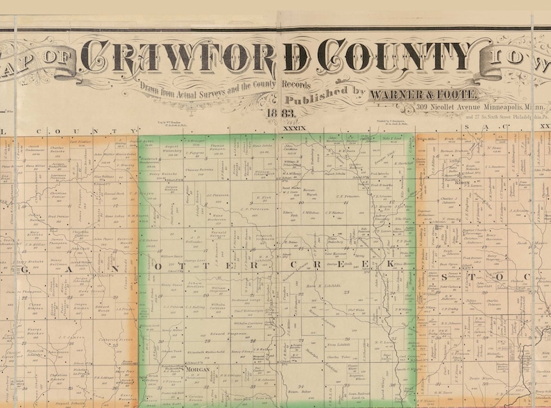 Crawford County Iowa 1883 Old Wall Map With Landowner Names Farm Lines ...