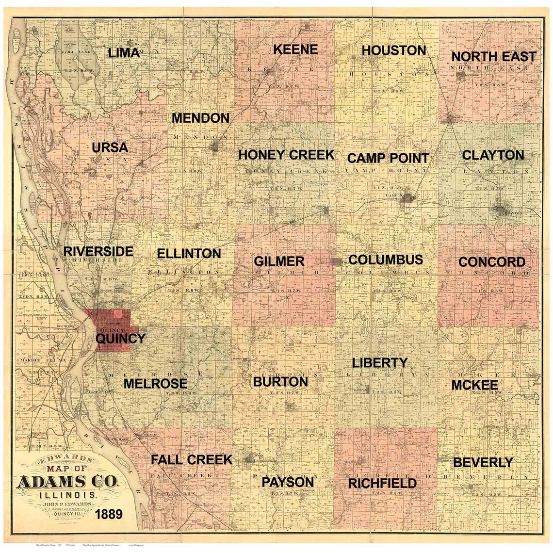Adams County Illinois 1889- Old Wall Map Reprint With Homeowner Names ...