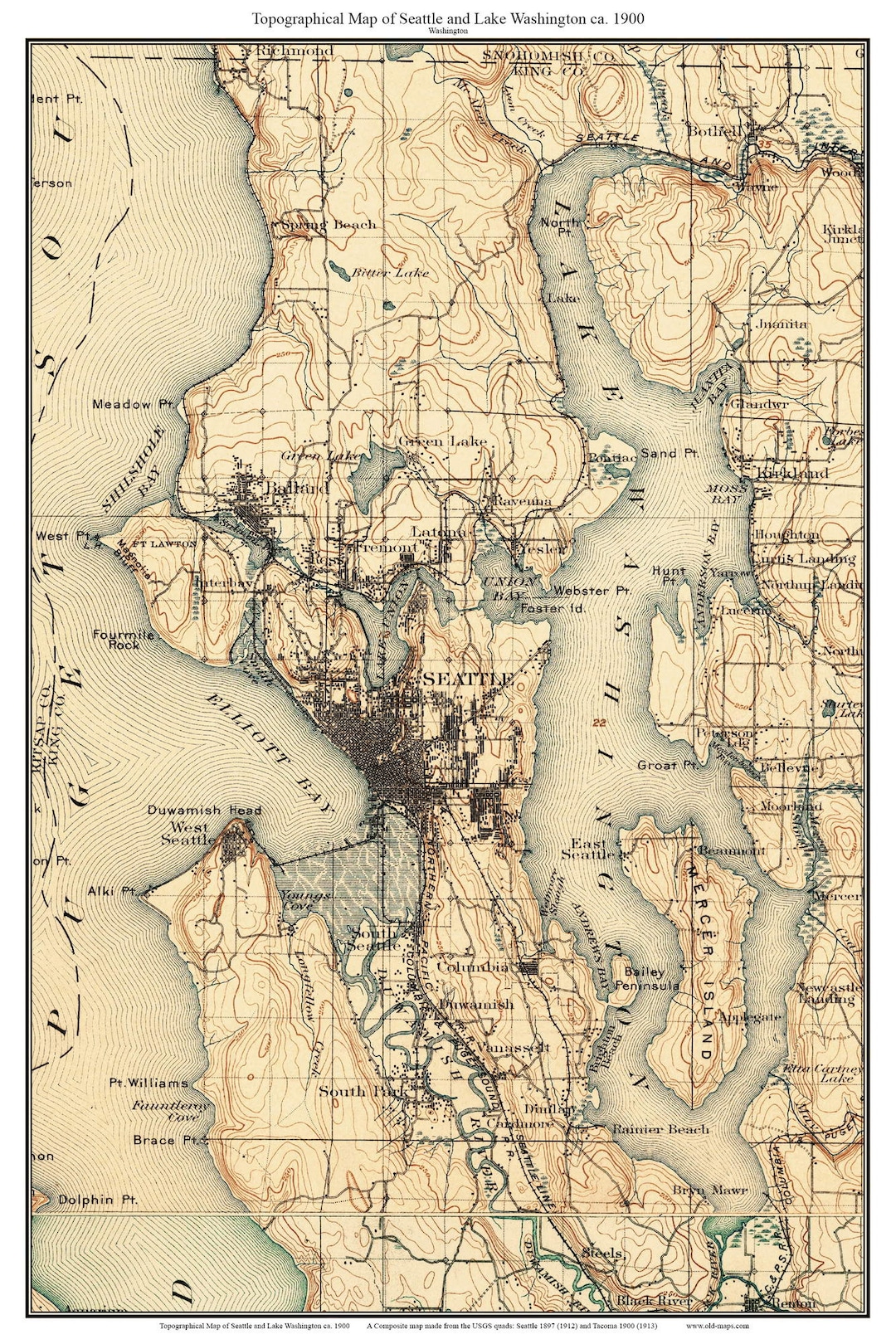 Seattle 1900 - Lake Washington - USGS Old Topographic Map Custom ...