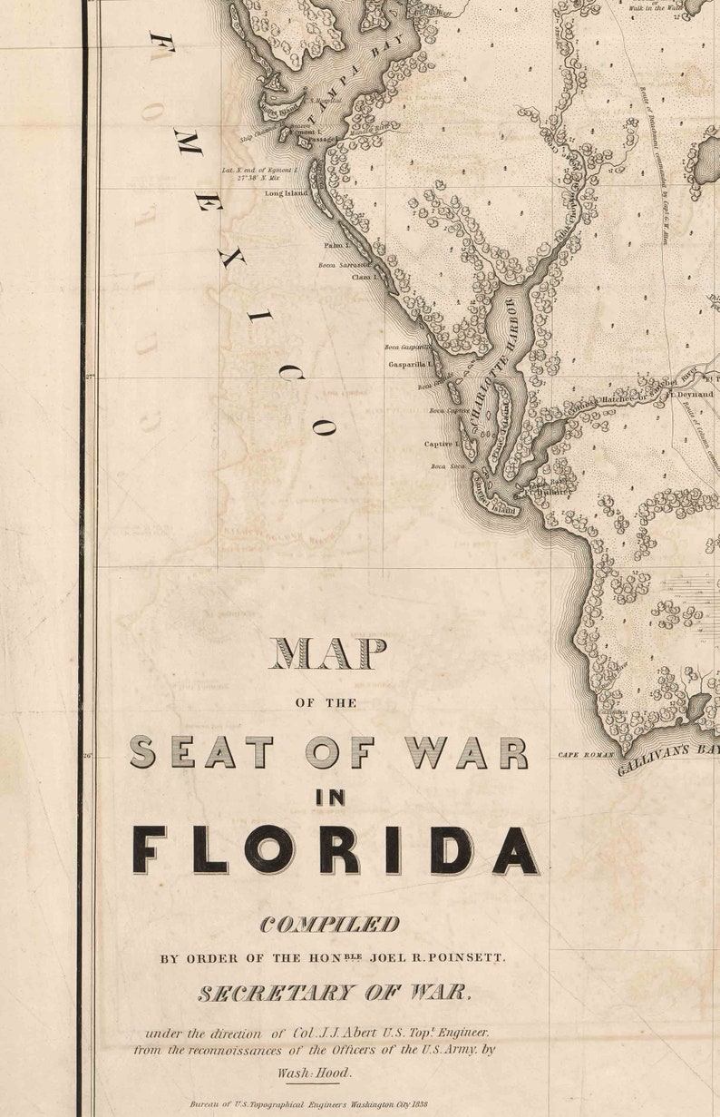 Florida 1838 Map Seat of War Seminole War US Army Reprint 1843 Regional ...